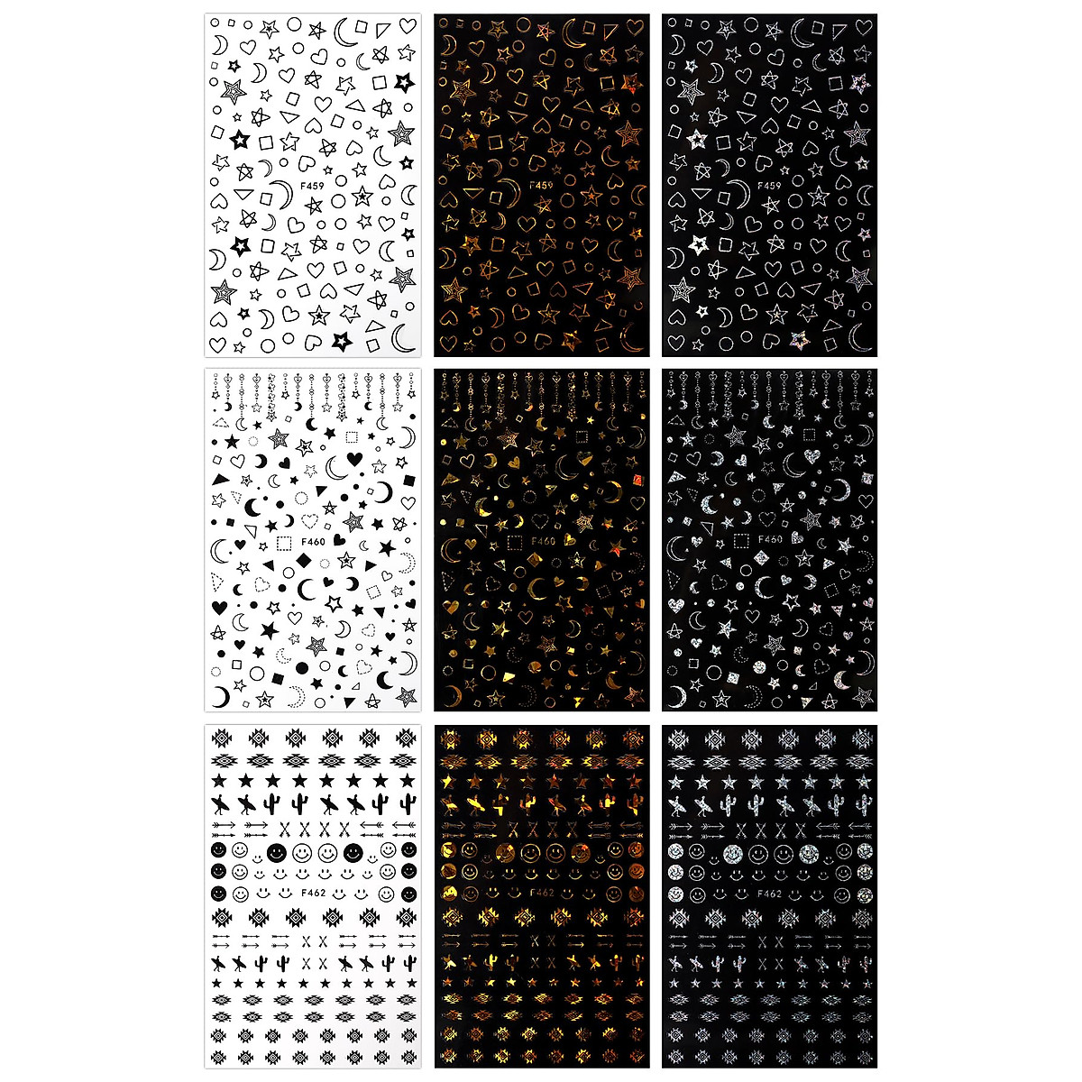 JMEOWIO 9 Sheets Moon Star Nail Art Stickers Decals Self-Adhesive Pegatinas Uñas Gold Silver Black Nail Supplies Nail Art Design Decoration Accessories