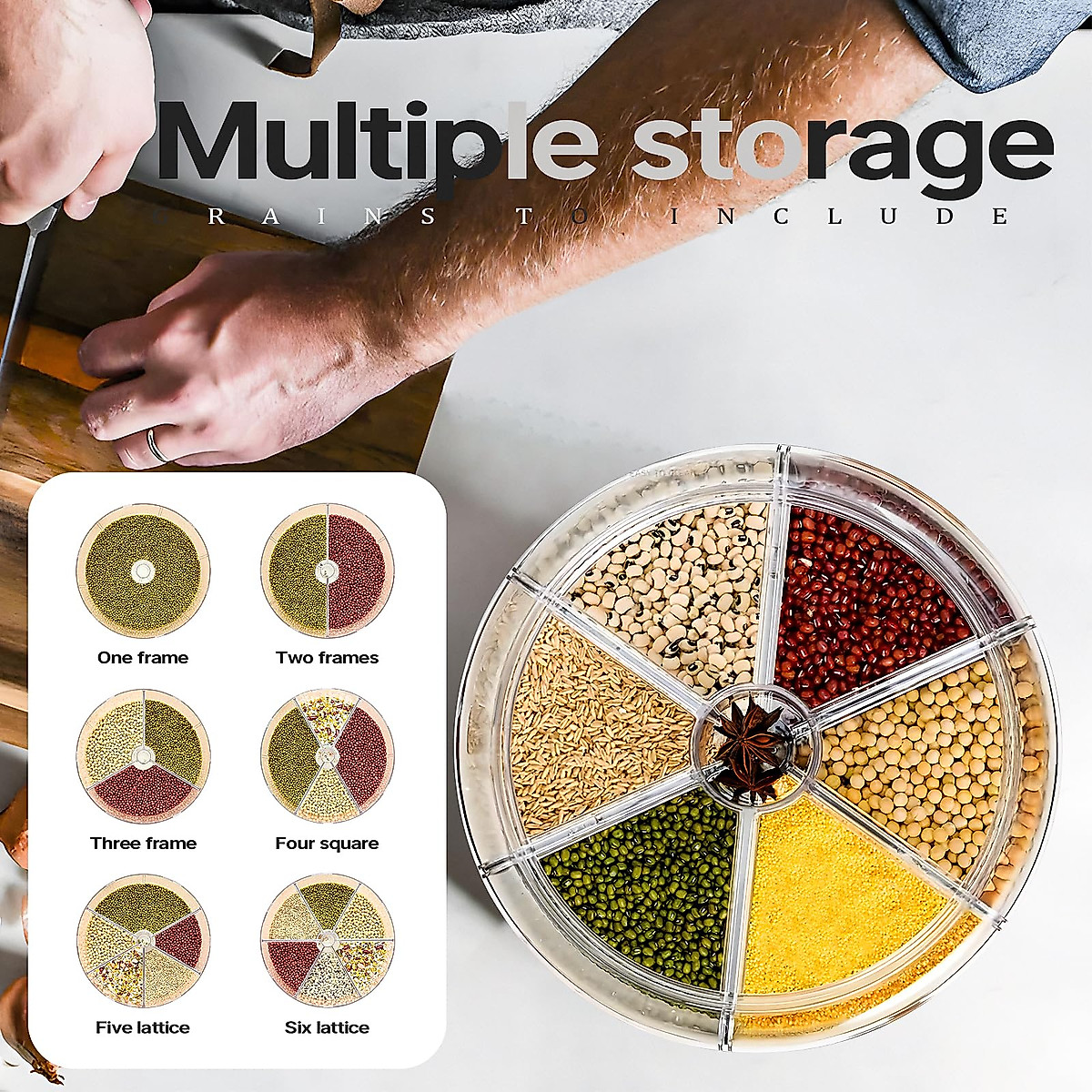 Slow Slog 16lb Grain and Rice Storage Container, 6 Grid Grain Dispenser, 360° Rotating Food Dispenser, Airtight Storage, Rice Dispenser, Upgrade 6 Compartment Rotating Rice Dispenser Storage Container