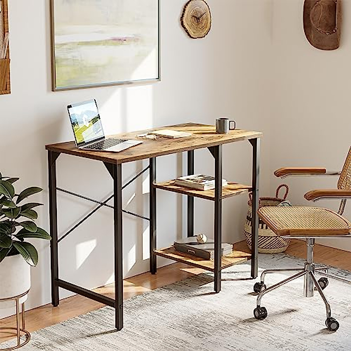 BANTI Small Computer Desk, 35 Inch Home Office Desk with 2Storage Shelves on Left or Right Side, Study Writing Desk with Storage Bag, Rustic Brown