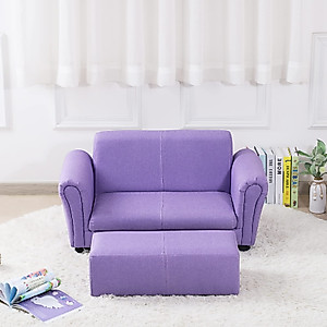 Yoonnie room 2-Seater Kid Couch with Big Ottoman,Kid Sofa Chair with Linen Fabric,Children Sofa Couch for 0-3 Age Kid Gift,Purple