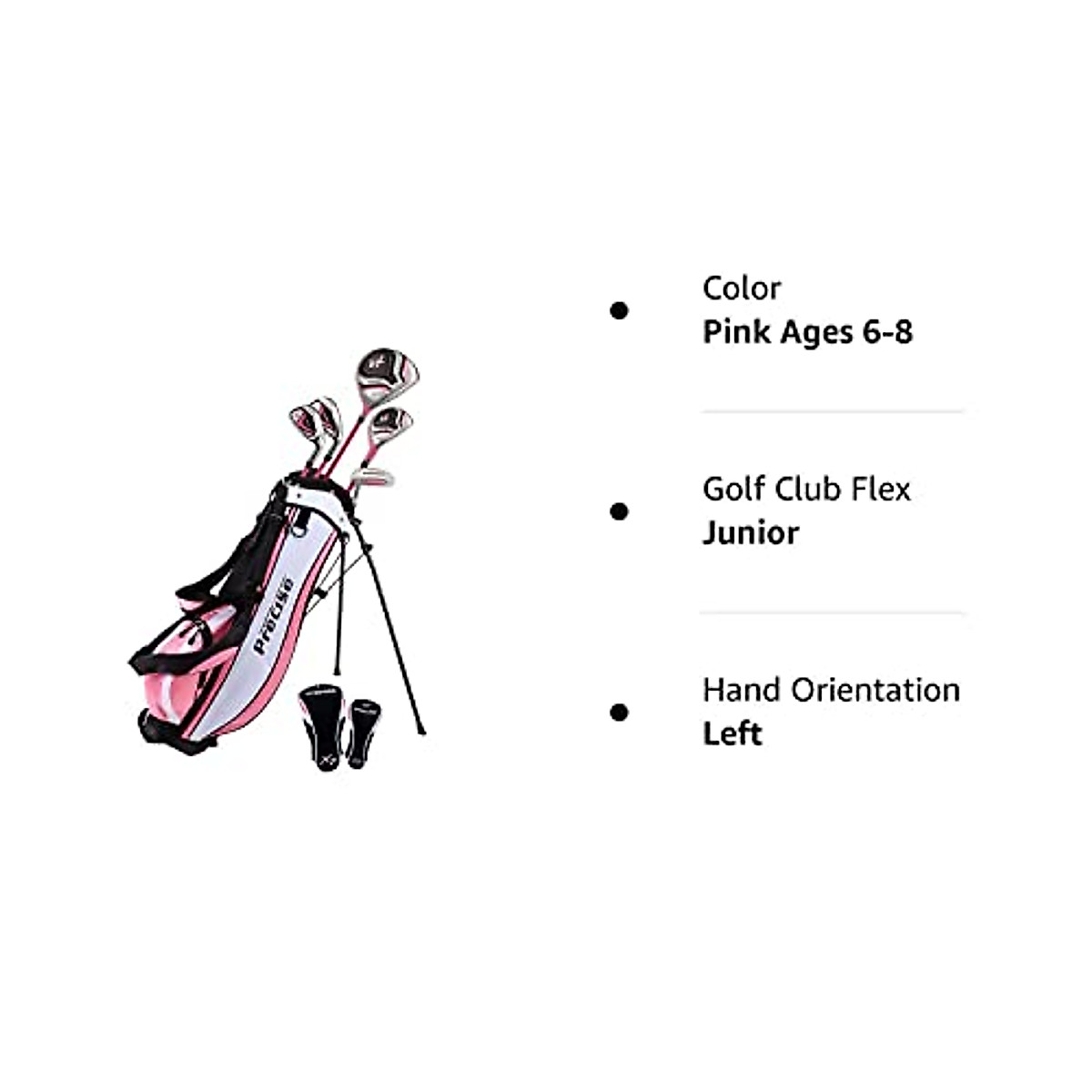 Distinctive Girls Pink Junior Golf Club Set for Age 6 to 8 ( Height 3'8" to 4'4" ), Left Handed Only, Set Includes: Driver, Hybrid Wood, 2 Irons, Putter, Bonus Stand Bag & 2 Headcovers