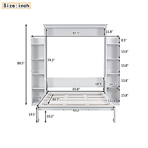Merax Queen Size Murphy Bed, Queen Wall Bed Frame with Shelves and LED Lights, White