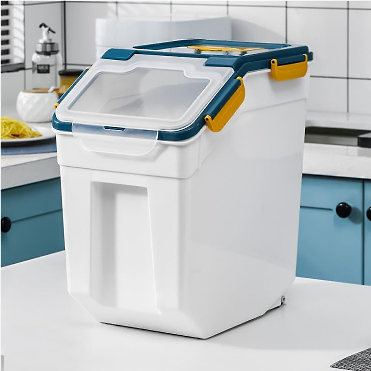 YXQ 25LB Large Flour Storage Container Bin ,2 Pack Airtight Plastic with Wheels Seal Locking Lid Dispenser Organizer Storage Bin with Measuring Cup & Scoop for Flour, Rice, Grain 50LBS Total