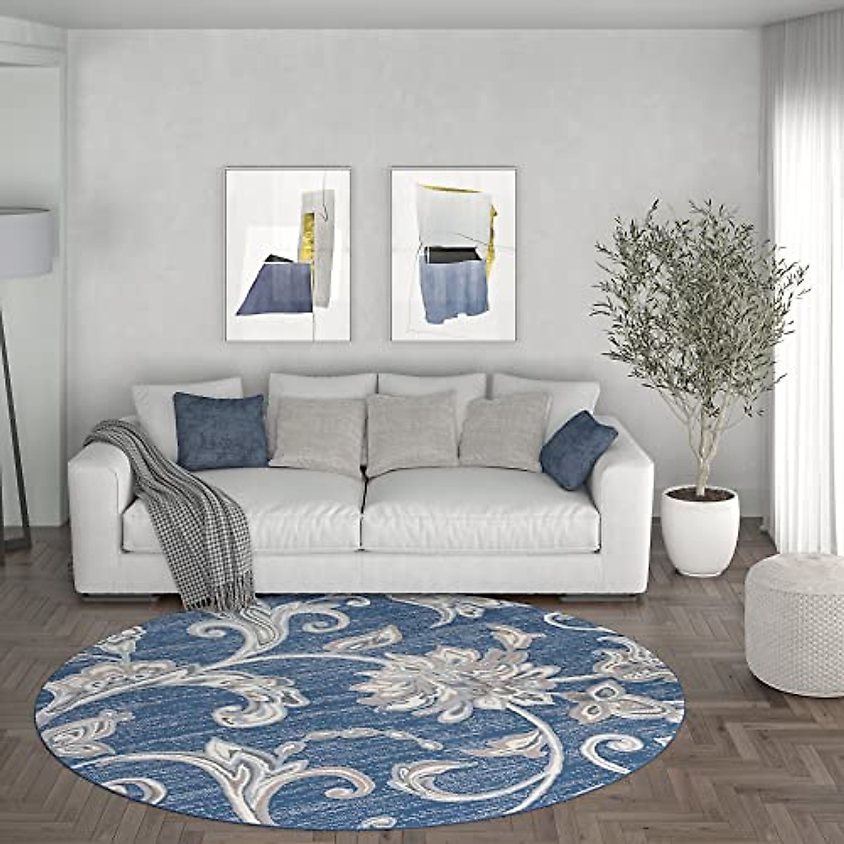 Garland Transitional Floral Navy Round Area Rug, 5' Round