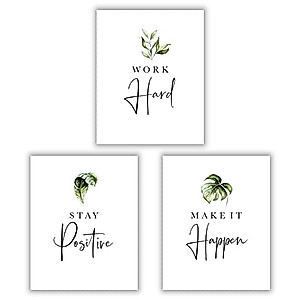 Botanical Inspirational Motivational Wall Art Office Decor - Unframed Set of 3 - 8x10 inch - Black and White Sage Green Leaf Plant Wall Art Posters for Office, Positive Office Decor, Inspirational Motivational Office Wall Decor Posters, Office Wall Art fo