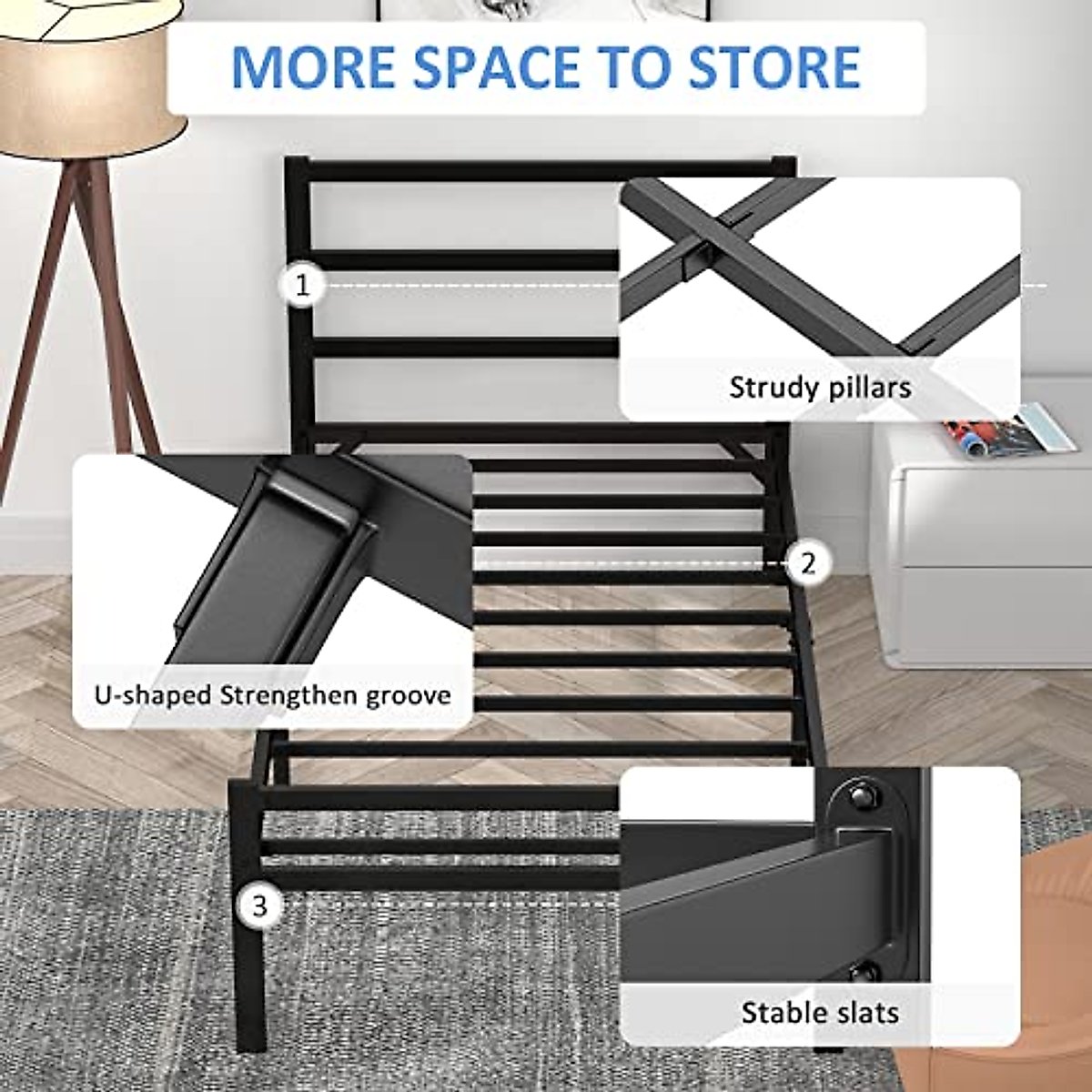 Mr IRONSTONE Twin Size Bed Frame with Headboard Platform Bed with Storage no Box Spring Needed Assembly Mattress Foundation，Black