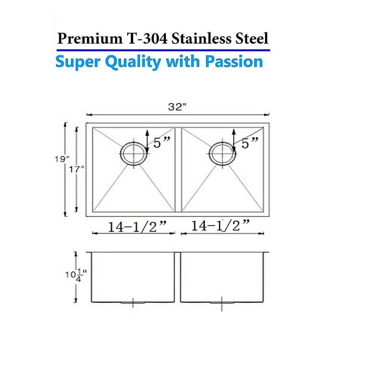 KABCO K-SSZRID3 32 Inch stainless steel Undermount kitchen sink 16 Guage 50/50 Zero Radius Double Bowl kitchen sink 32"L X 19"W X 10"D Inch