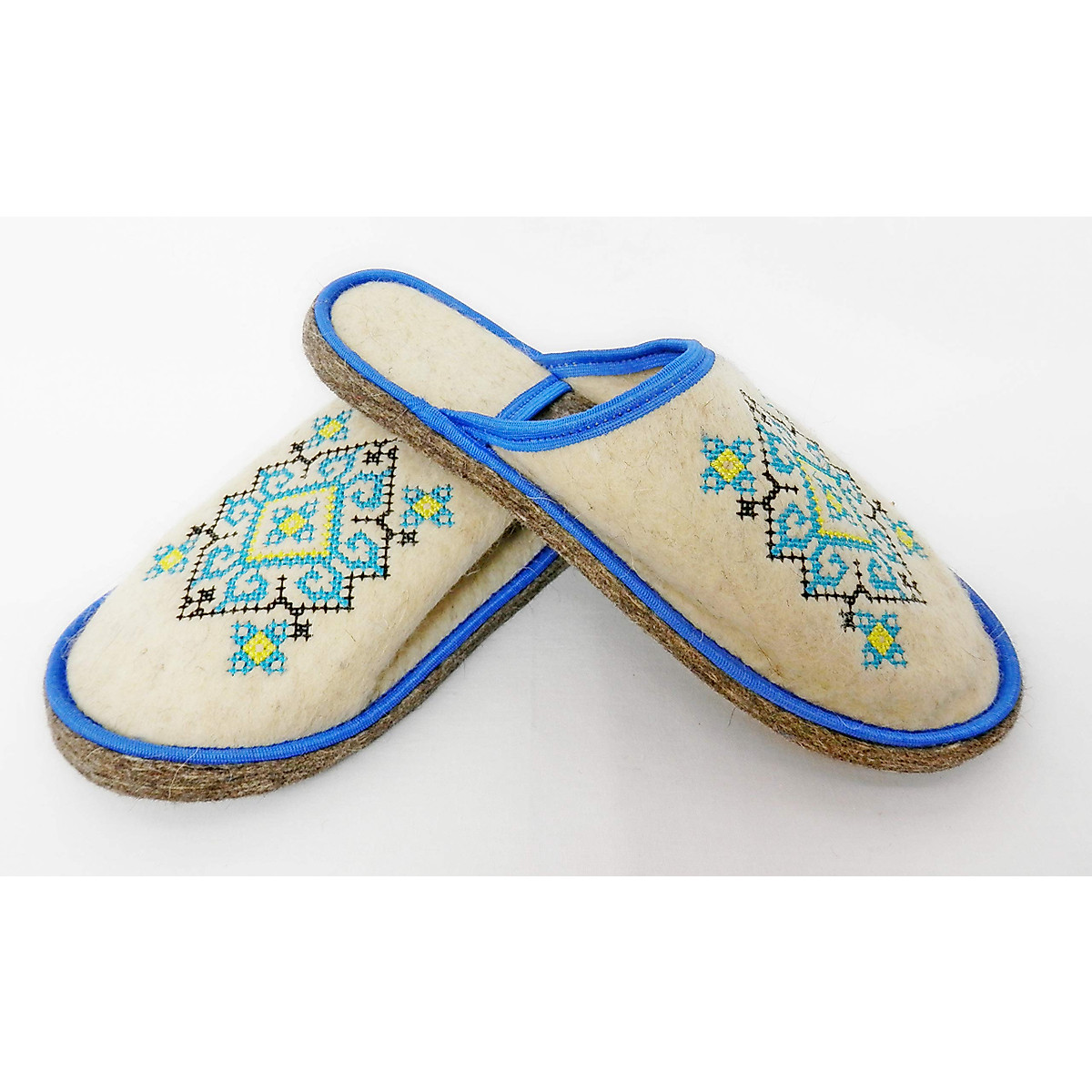 PetriStor 100% Natural Wool Felt Sauna Slippers Ukrainian Ornament Blue for Men - Sauna Banya Slippers Felt Bathhouse/Vaporarium - Made in Ukraine