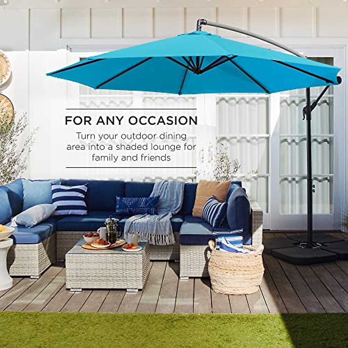 Best Choice Products 10ft Offset Hanging Market Patio Umbrella w/Easy Tilt Adjustment, Polyester Shade, 8 Ribs for Backyard, Poolside, Lawn and Garden - Sky Blue