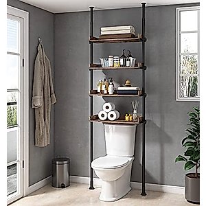 ALLZONE Bathroom Organizer, Over The Toilet Storage, 4-Tier Adjustable Wood Shelves for Small Rooms, Saver Space Rack, 92 to 116 Inch Tall, Narrow Cabinet, Rustic Brown