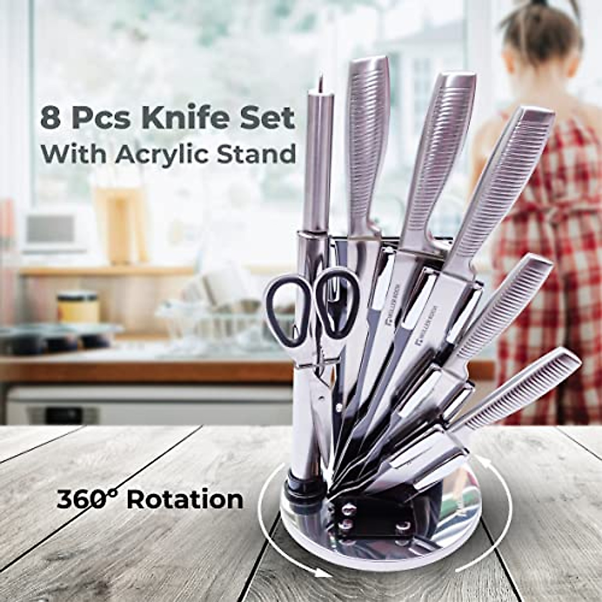 Müller Koch MK-2811-8 PCS Knife Set with Acrylic Block Stand (SILVER)