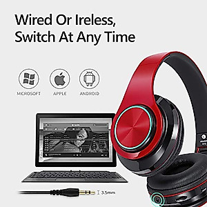 Bluetooth Headphones Over Ear Headphones with Deep Bass LED Foldable Stereo Headphones, Wired and Wireless Headset for Smart Phone/TV/PC(Red/Black)