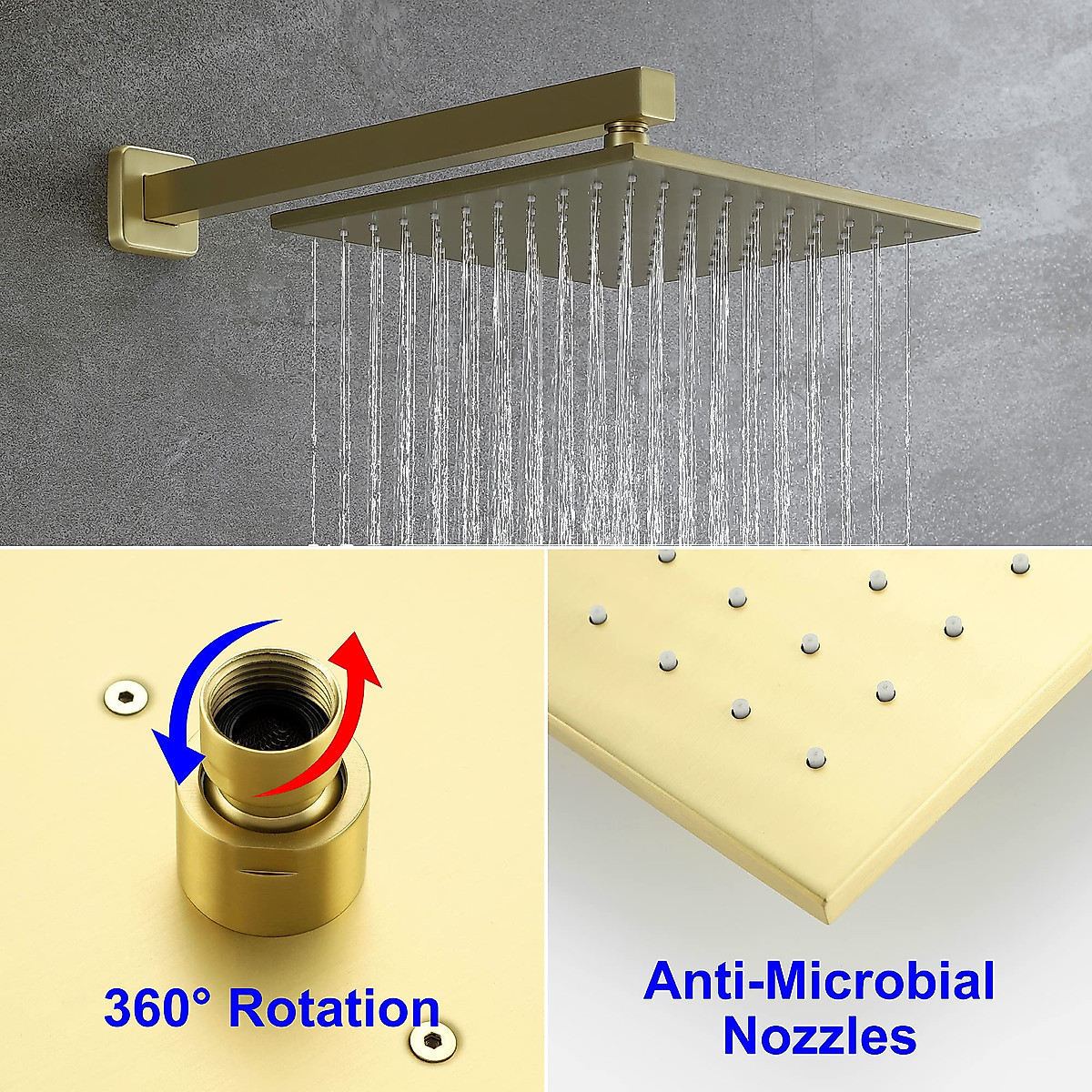 SHAMANDA Brass Rainfall Shower System, Luxuly Bathroom Shower Faucet Combo Set Brushed Gold(Including Rough-In Valve Body and Trim), L70001-3