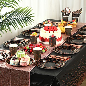 Capoda Black and Rose Gold Party Supplies Serve 24 Guest Rose Gold Dot on Black Paper Plate Napkin Cup Disposable Tablecloth Sequin Table Runner Cutlery for Wedding Bridal Shower Birthday Decorations