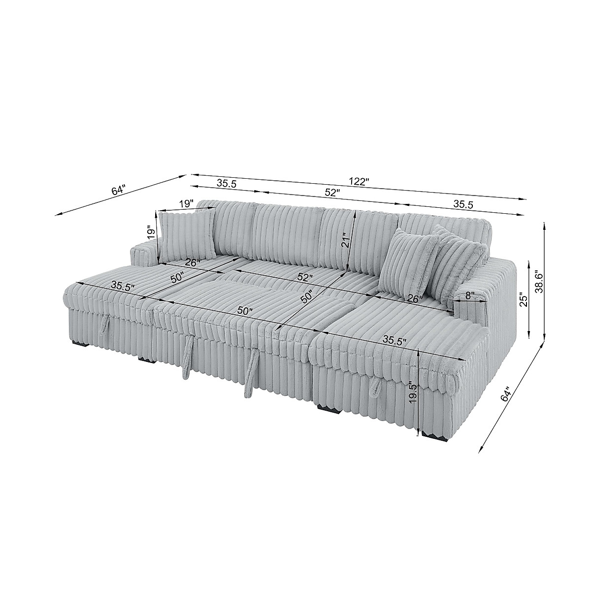 Olodumare 122’’ Oversized Sleeper Sectional Sofa with Pull Out Bed for Living Room, U-Shaped Convertible Couch with Double Chaise Storage for Small Space, Plush Comfy Corduroy Fabric Furniture, Grey
