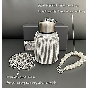 Bling Stainless Steel Diamond Water Bottle Crystal Rhinestone Cute Vaccume Insulated Thermal Flask with Chain and Pearl Bracelet (300ml/10.2oz)