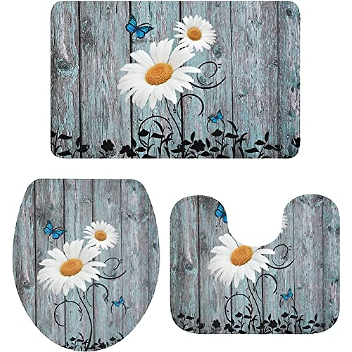 Apular Fashion 3 Piece Bath Rugs Set Rustic Floral Yellow Daisy Butterfly on Rustic Blue Wooden Non Slip Ultra Soft Bathroom Accessories Mats, U Shape Mat and Toilet Lid Cover Mat Bath Mats