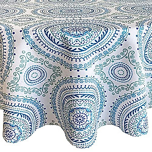 Newbridge Blue Circle Stitch Contemporary Boho Chic Print Indoor/Outdoor Soil Resistant Fabric Tablecloth, 60” X 84” Oval, Blue