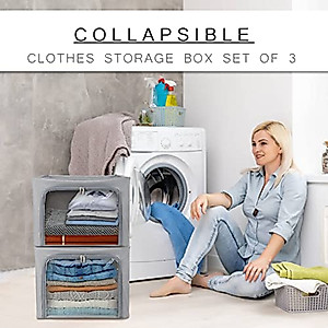 Stackable Clothes Storage Box for Clothing Gadgets,Steel Frame Storage Bins for Bedding Blankets Toys Gift,Foldable Oxford Fabric Closet Organizer Bag Set with Carry Handles and Clear Window (Medium- 40L x3 Pack, Grey)