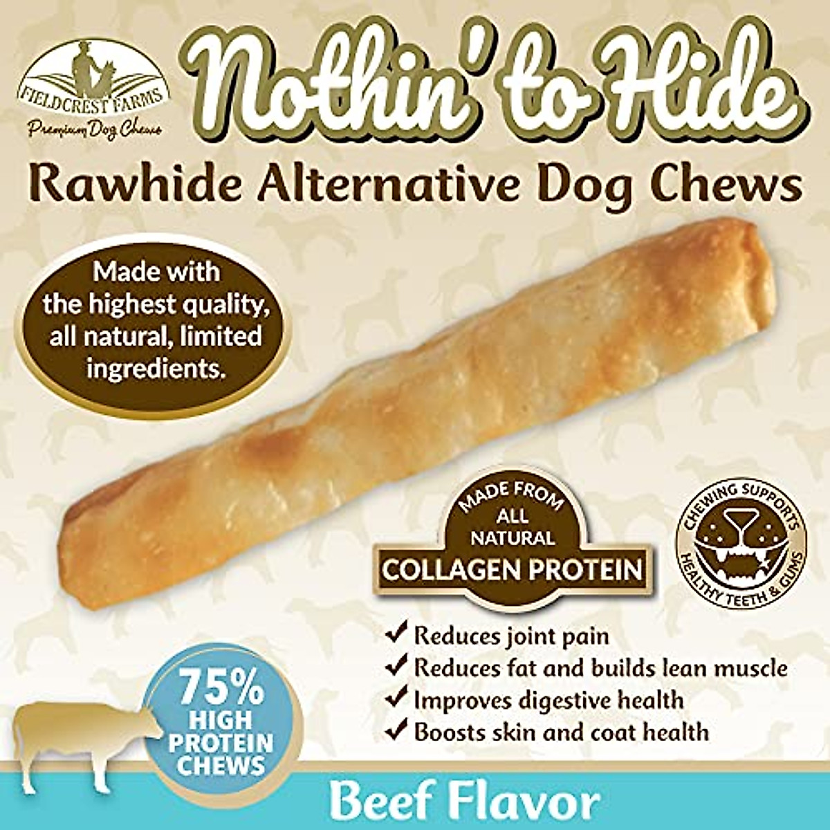 Fieldcrest Farms Nothing to Hide Natural Rawhide Alternative Large 10'' Rolls for Dogs - 3 Pack (6 Chews) Premium Grade Easily Digestible Chews - Great for Dental Health (Beef)