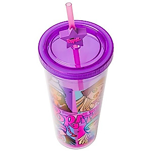 Silver Buffalo Bratz Dolls Featuring Cloe, Yasmin, Jade, and Sasha Pink and Purple Plastic Cold Cup with Lid and Straw Topper, 24 Ounces