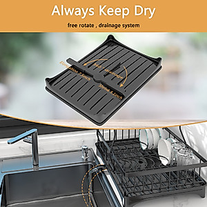 YQYHO 2-Tier Dish Drying Racks for Kitchen Counter with 360° Retractable Drainage System, Large-Capacity Collapsible Anti-Corrosion Dish Rack(Black)