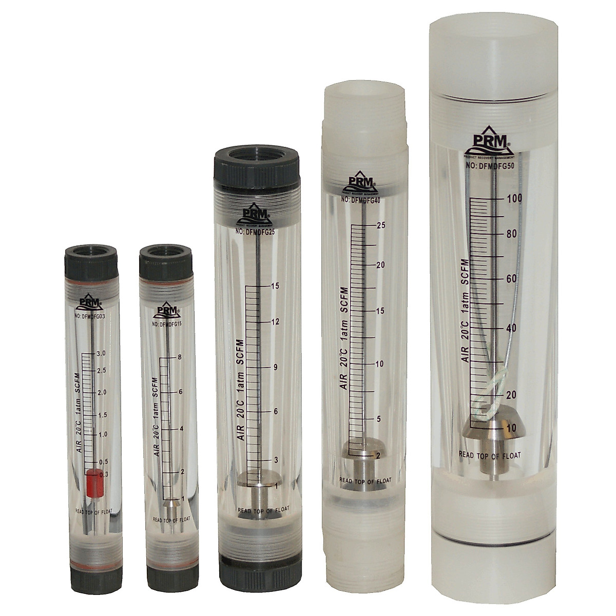 PRM 1-8 SCFM Air Rotameter Flow Meter, 1/2 Inch Female NPT Inline Connections, Acrylic Body, PVC End Tails, Viton O-Rings, 8 Inch Height