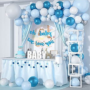 Upgraded,105PCS Gender Reveal Baby Shower Decorations for Boy,Blue and White Birthday Balloons Garland Arch Kit, Oh Baby Birthday Banner, Giltter Dots Birthday Garland+Pump+Complete Accessories