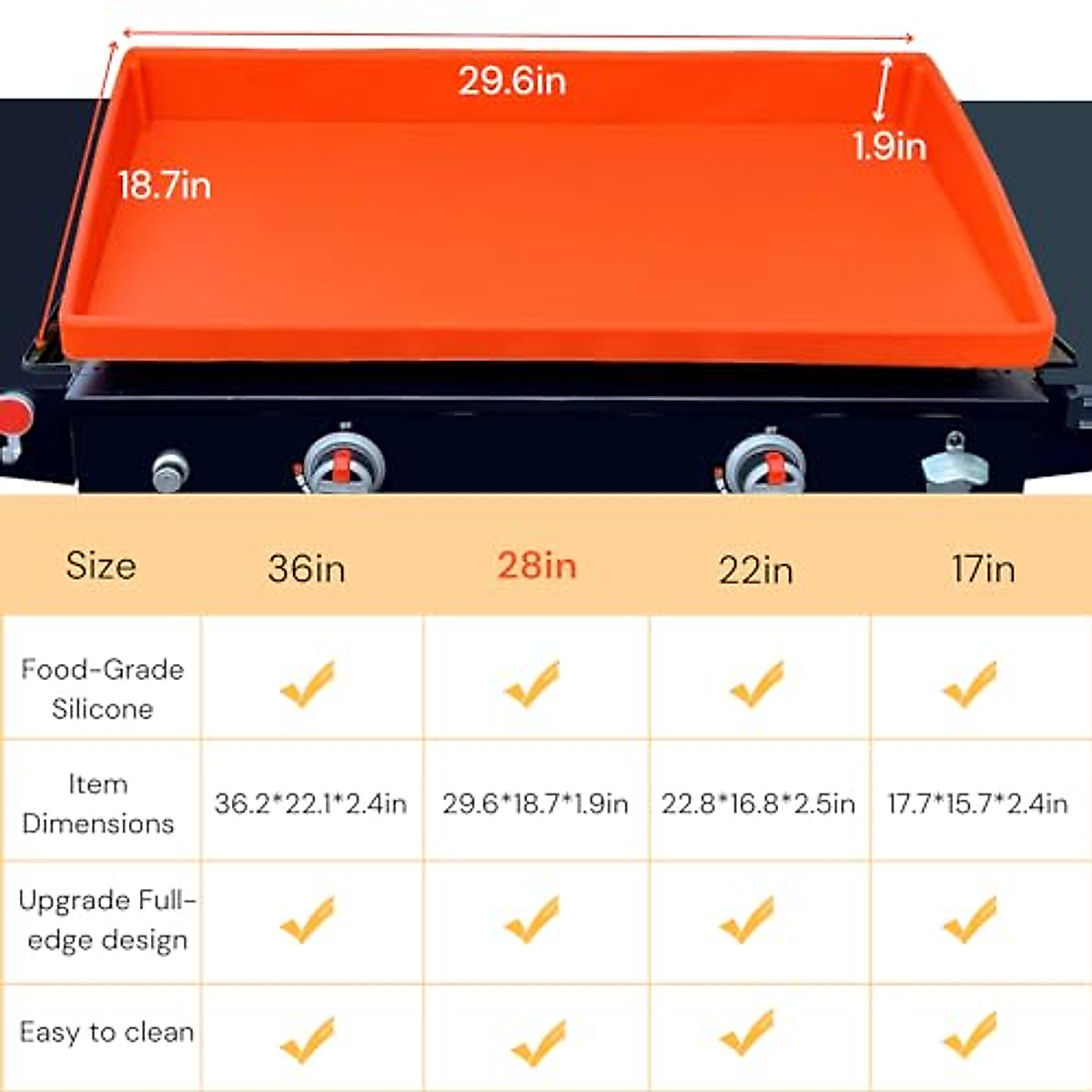 Jacooxi 28 Inch Food Grade Silicone Griddle Mat for Blackstone Grill, Upgraded Full-edge Griddle Cover, Protect Griddle from Dirt and Rust (Does not fit 28" XL)