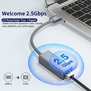 USB 2.5Gb Ethernet Adapter, ULT-WIIQ USB 3.0 to 2.5 Gigabit RJ45 LAN Network Adapter Cable, 10/100/1000/2500M Full Speed NIC for Mac OS, iOS, Windows, Linux, Dell XPS, Thinkpad X, Synology NAS, PC