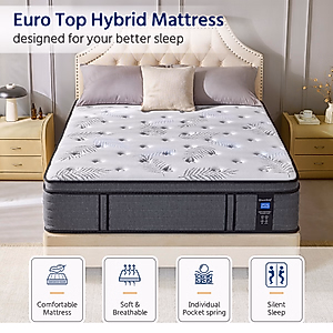12 Inch Queen Mattress, Firm Supportive Mattress Designed with Tight Line & Thick Foam Edges for Back Sleepers & Stomach Sleepers, Euro Top Hybrid Memory Foam Mattress with Enhanced Pocket Spring
