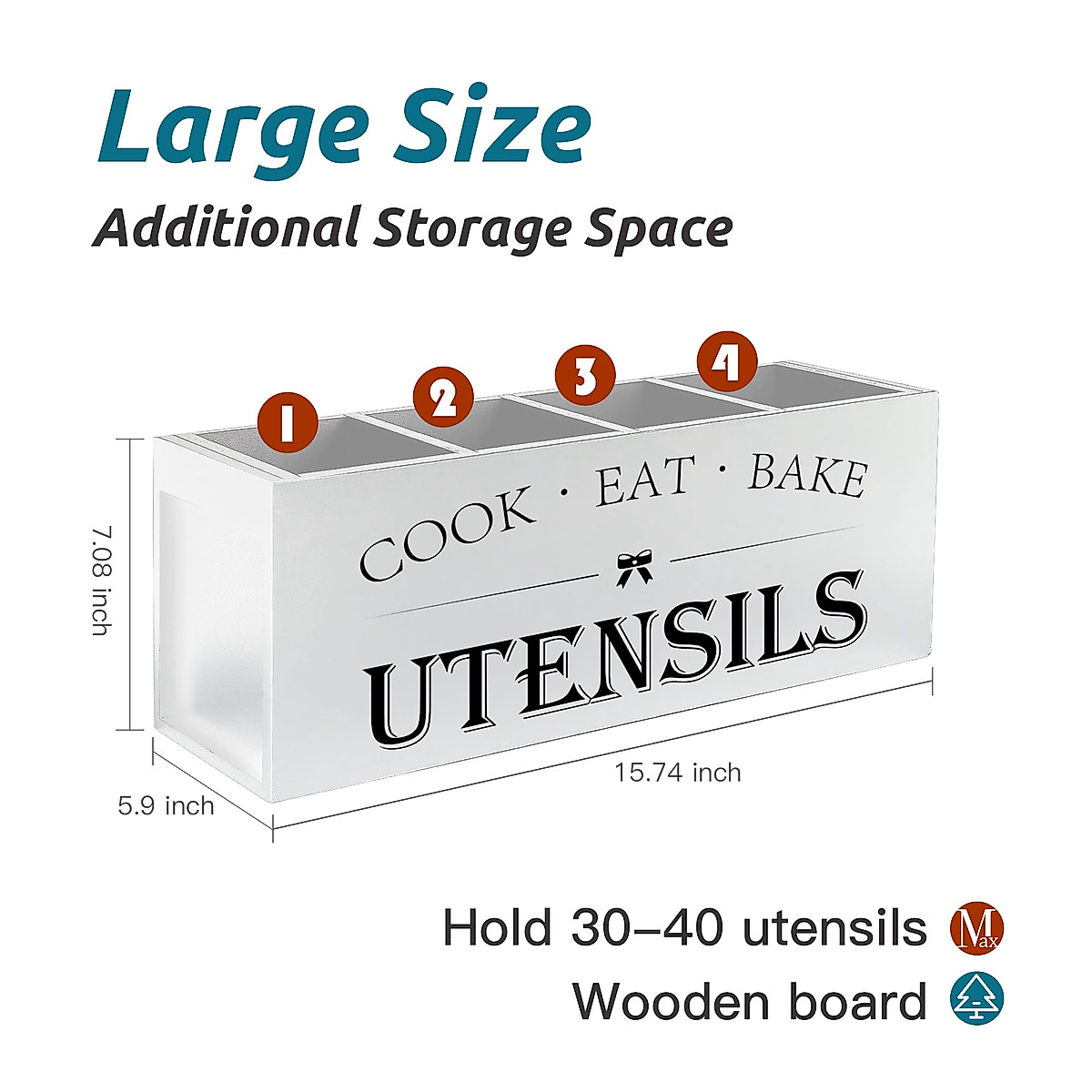 Suli Extra Large Kitchen Utensils Holder with 4 Compartments, Wooden Utensil Organizer for Kitchen Countertop, Farmhouse Kitchen Decor, Rustic Cooking Utensil - White