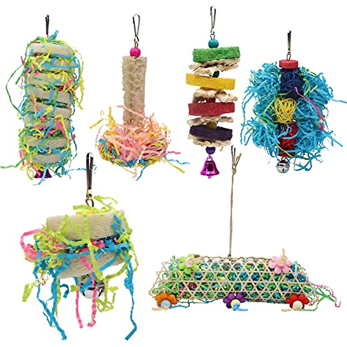 ZOCONE 6 Pcs Bird Toys, Parrot Foraging Chewing Toys, Bird Shredding Toys, Loofah Hanging Parakeet Toys, Cage Accessories for Cockatiels, Conure, Medium/Small Parrots, Finch, Lovebirds, Budgie