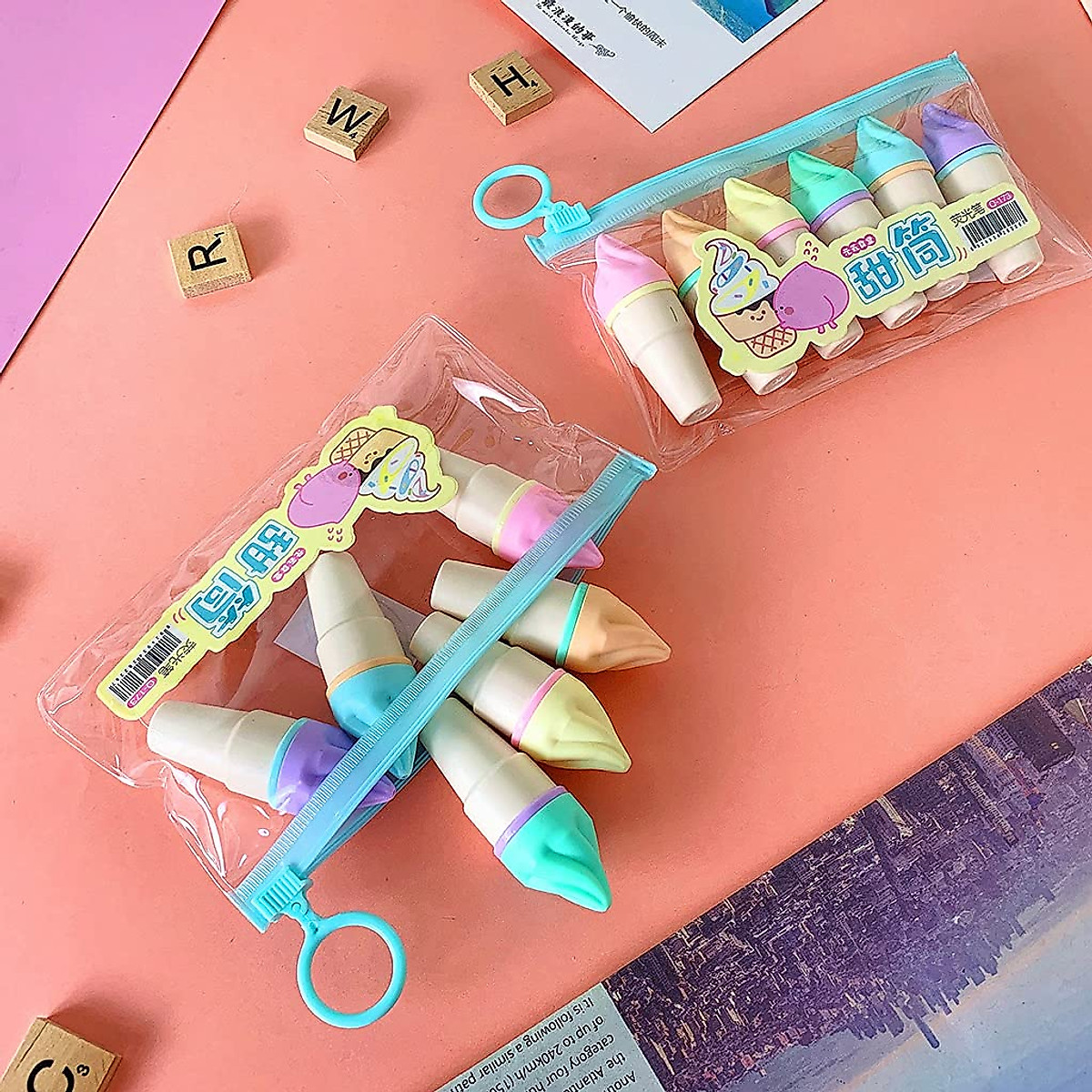 6pcs Cute Mini Highlighter Pen Ice Cream Shape Fluorescent Marker Pens Fluorescent Marker Pen