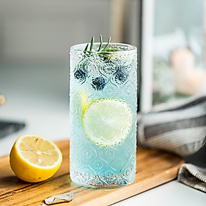 SoulTimes Glass Cups Vintage Glassware Set of 4, Drinking Glasses 12.5oz, Embossed Pattern Style Transparent Cocktail Glasses Set, for Ice Coffee,Juice,Beer,Bar Beverages,Drinkware, Transparent (L)