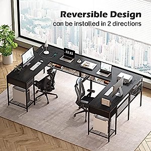 SUPERJARE L Shaped Desk with Power Outlets, Computer Desk with Drawer, Reversible Corner Desk with Grid Storage Bookshelf, Home Office Desk, Black