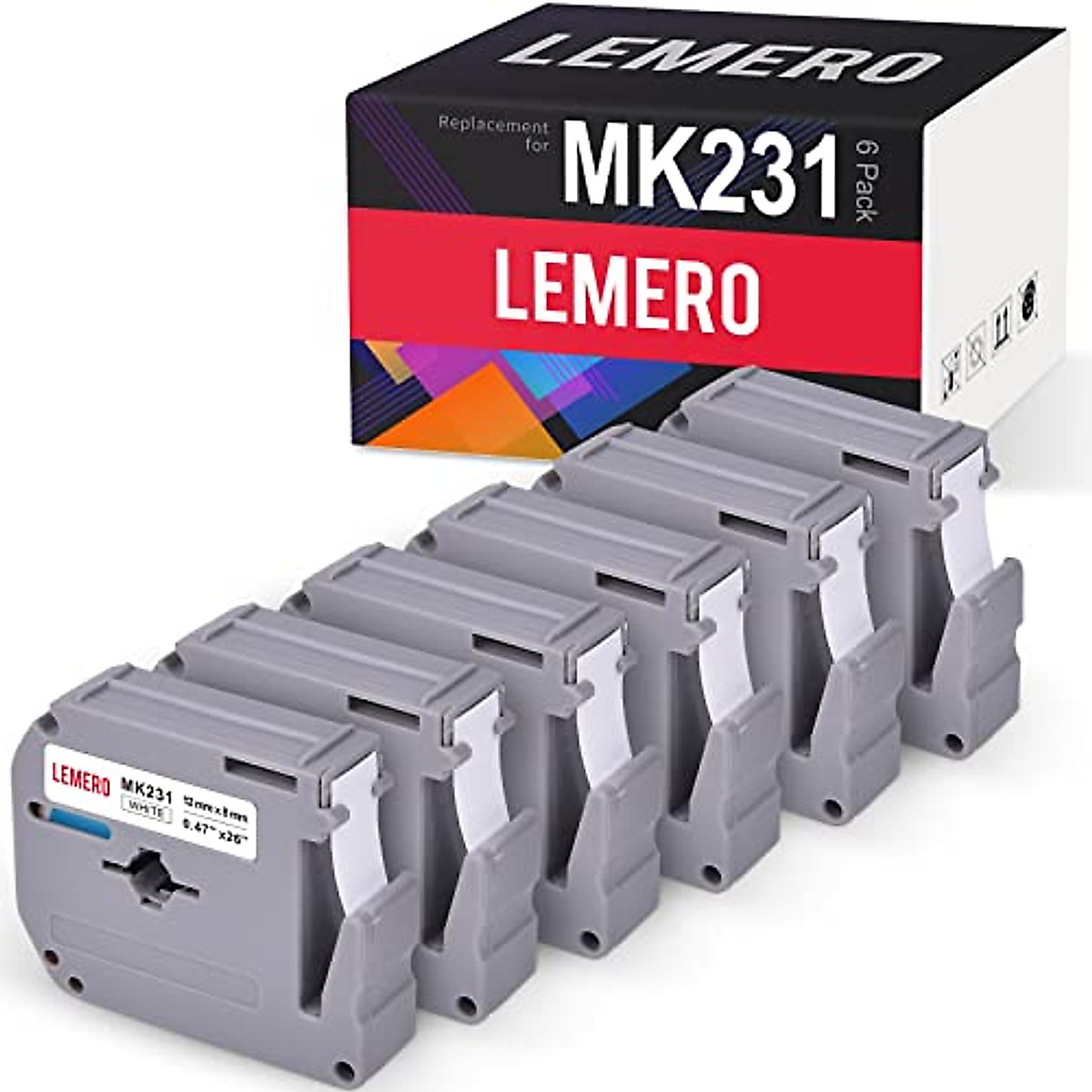 LEMERO Compatible with Brother M Tape M-K231 M231 MK231 M-K231s 12mm x 8 Meter White Label Tape - for Brother PT-65 PT-70 PT-80 PT-90 PT-45M 26.2 Feet Black on White (6 Pack)
