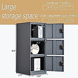 MECOLOR Vertical Single Tier Small Locker with Padlock latche 2 or 3 Compartment Storage for Employee,Home,Office,School,Kids (Dark Grey, P3V)