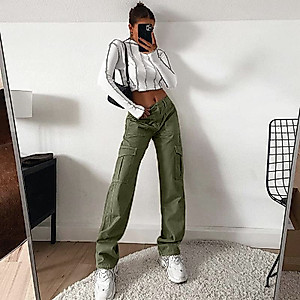 Lepunuo Cargo Pants for Women High Waisted Casual Pants Baggy Stretchy Wide Leg Y2K Streetwear with 6 Pockets Army Green