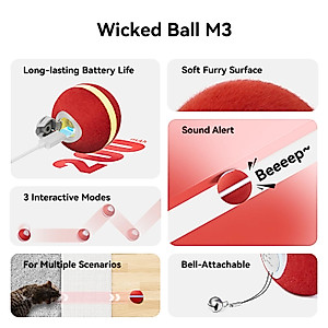 Cheerble 【2025 Upgrade】 Interactive Cat Ball Toy, Wicked Ball M3, Automatic Moving Ball Toy for Indoor Cat Kitten, Smart Anti-Depression Pet Toy Fun Gift with Light