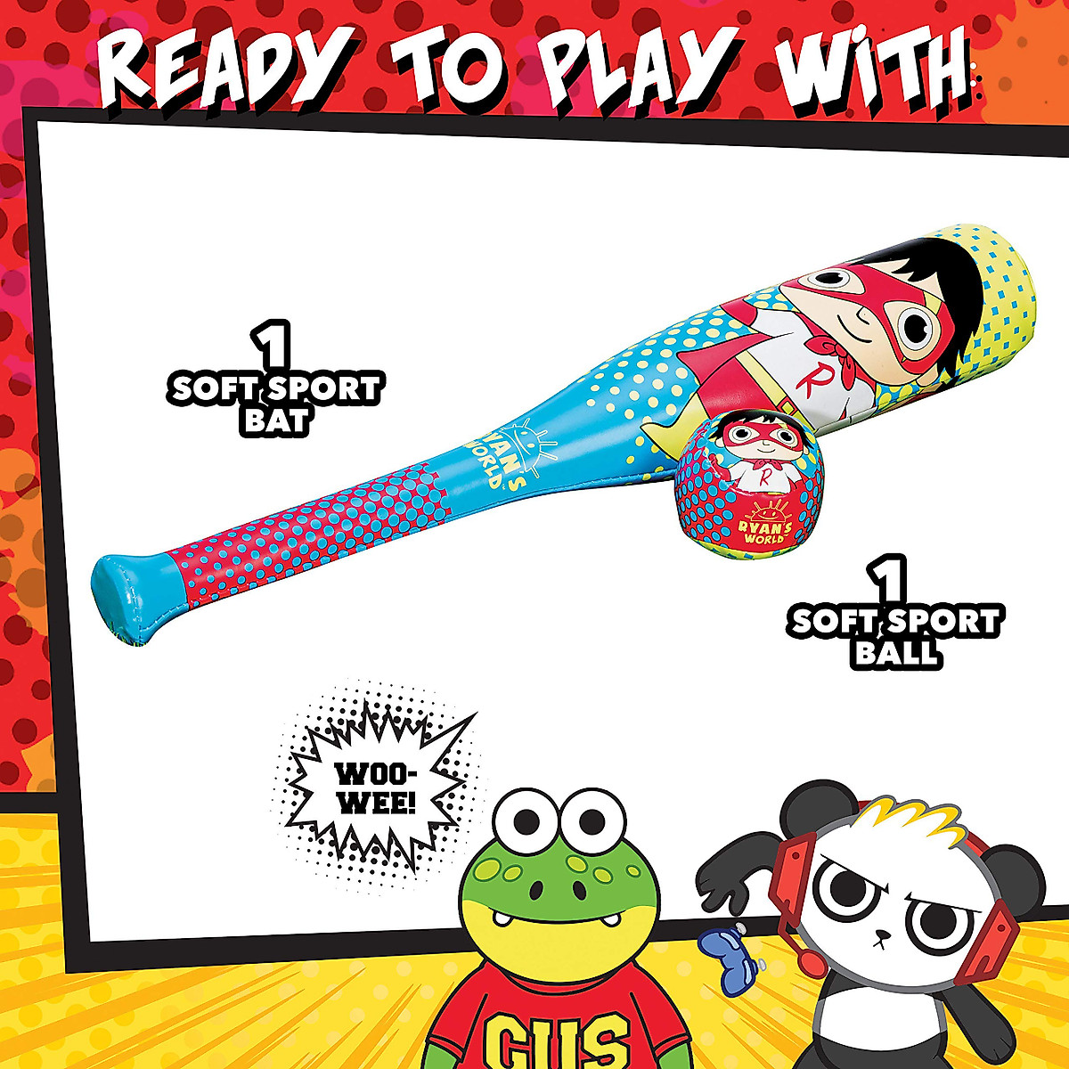 Franklin Sports Ryan's World Kids Baseball Bat + Ball Set - Soft Plastic Jumbo Bat + Baseball for Kids + Toddlers - Beginner Toy Baseball Bat Set