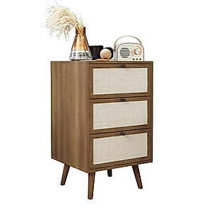 PHOYAL Rattan Nightstand Set of 2, End Table Rattan Bedside Table with Storage 3-Drawer Side Table with 3 Hand Made Rattan Decorated Drawers Wood Accent Table, Walnut 2 Pack