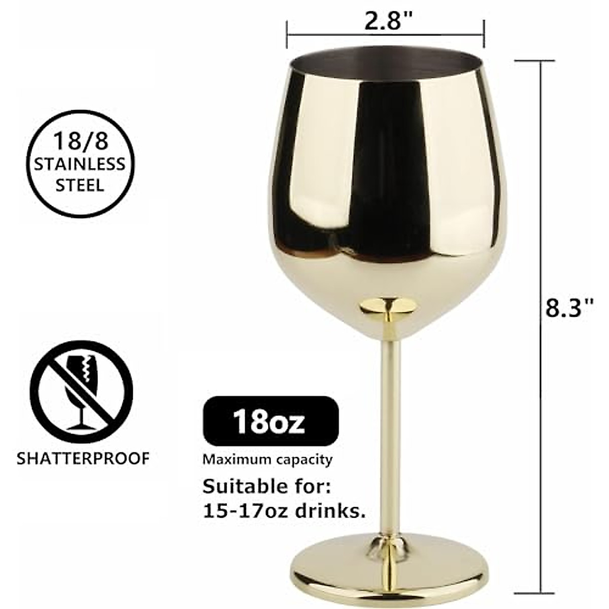 Arora Stainless Steel Wine Glass 18oz - Set of 2 Gold - 3.6" D x 8.3" H (851029)