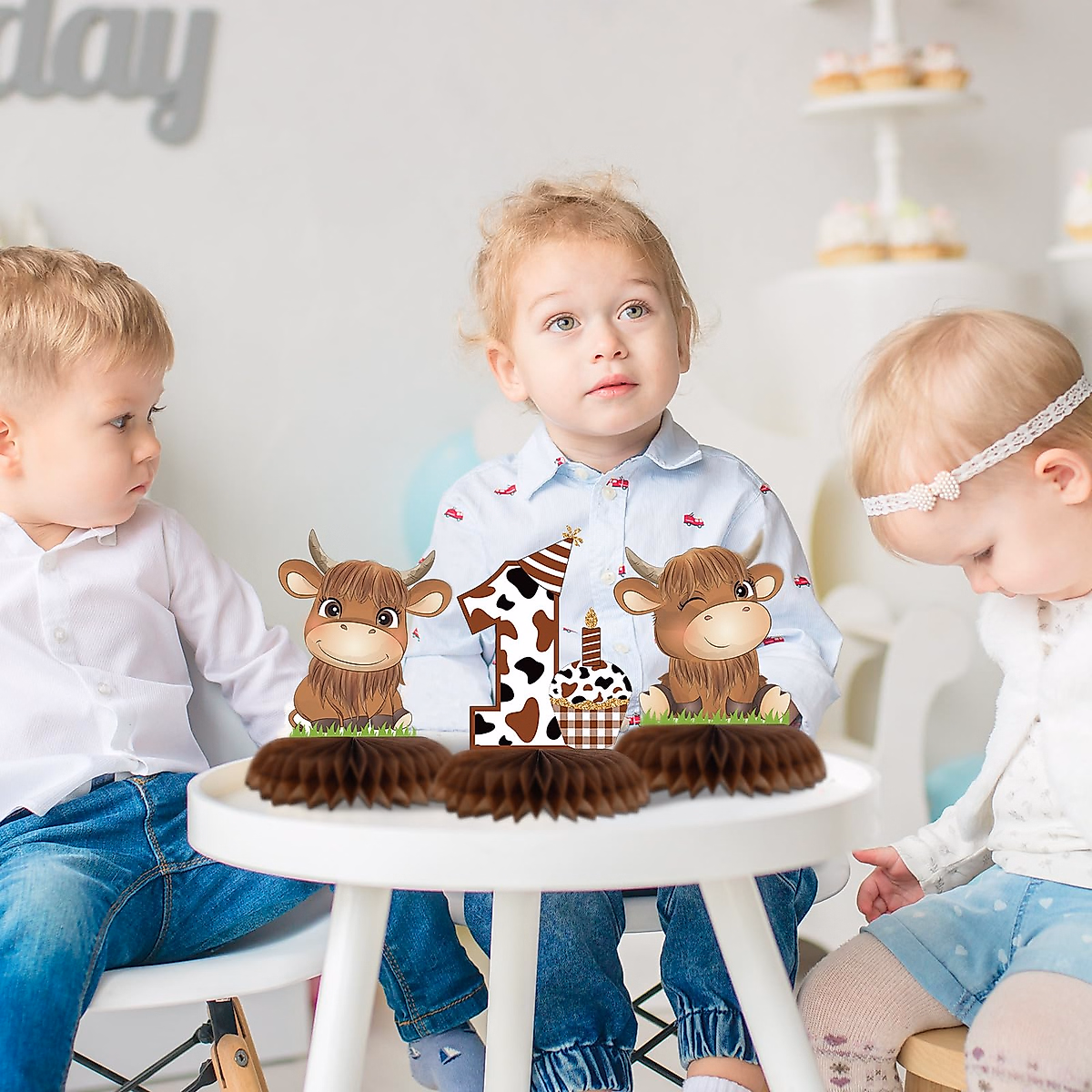 Qilery 10 Pcs Holy Cow First Birthday Decorations, Cow First Birthday Honeycomb Centerpiece Party Supplies for Boy Girl, Baby 1st Birthday Farm Cow Table Toppers Sign Decor