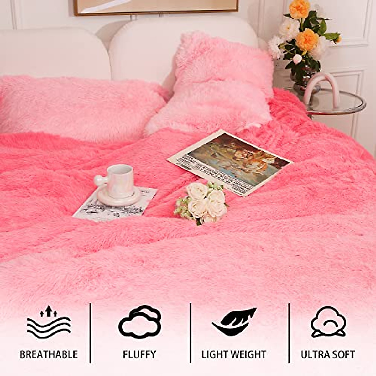 greenoak Duvet Cover Queen Size, Fluffy Luxury Plush Shaggy Duvet Cover Sets Velvet Bedding (1 Faux Fur Duvet Cover + 2 Pillowcases) Comforter Bed Sets 3 Pieces, Zipper Closure (Gradient Pink)
