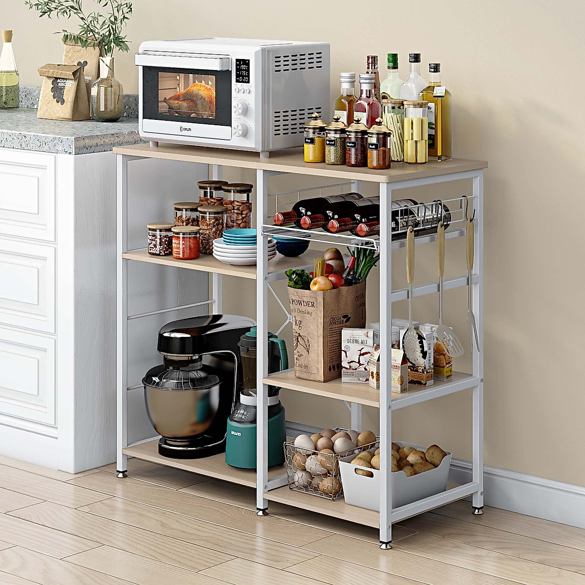 Wellynap Bakers Rack, 3-Tier Microwave Stand for Kitchens with Storage, Utility Storage Shelf with 5 Hooks and Basket for Spice Rack, White Oak