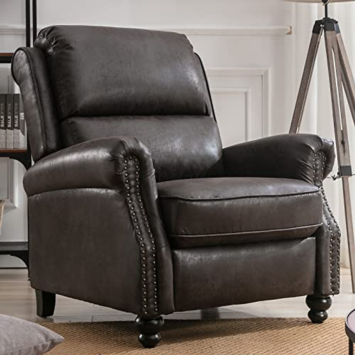 CANMOV Pushback Recliner Chair Leather Armchair Push Back Recliner with Rivet Decoration Single Sofa Accent Chair for Living Room, Dark Grey