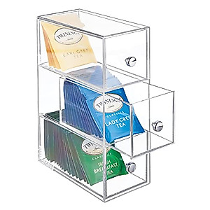 mDesign Plastic Kitchen Pantry Stackable Storage Organizer Container Station with 3 Drawers for Cabinet, Countertop, Holds Coffee, Tea, Sugar Packets, Creamers - Lumiere Collection - Clear