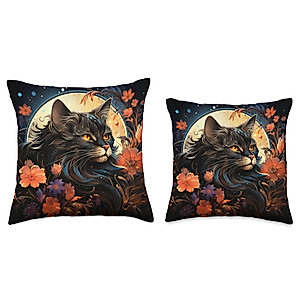 Black Cat Staring Full Moon Flowers Celestial Stars Floral Throw Pillow