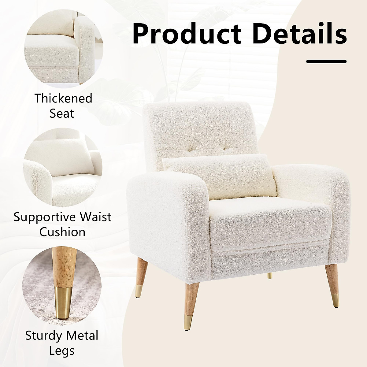 Dolonm Mid-Century Modern Accent Chair, Upholstered Armchair Living Room Chair, Comfy Single Sofa Chair with Sturdy Legs, Polyester Fabric Chair for Living Room Bedroom, White